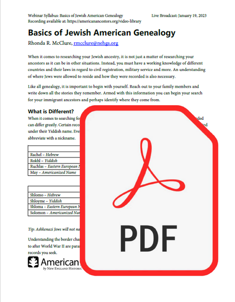 Webinar Syllabus: Basics of Jewish American Genealogy – American Ancestors
